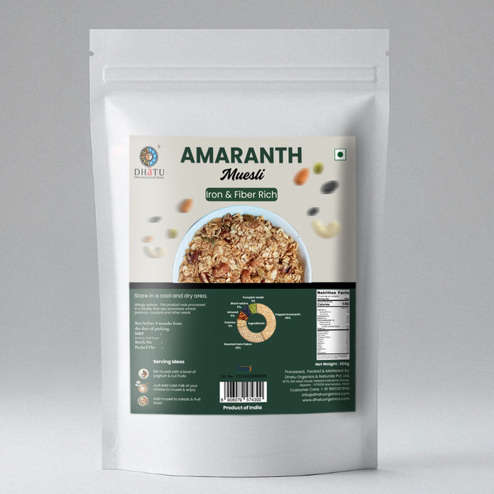 Dhatu Organics Amaranth Muesli 300g | Iron & Fiber Rich Healthy Breakf